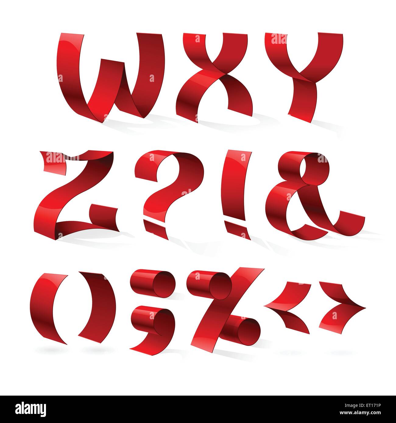 Set of isolated red color shiny ribbon font W-Z letters and punctuation ...
