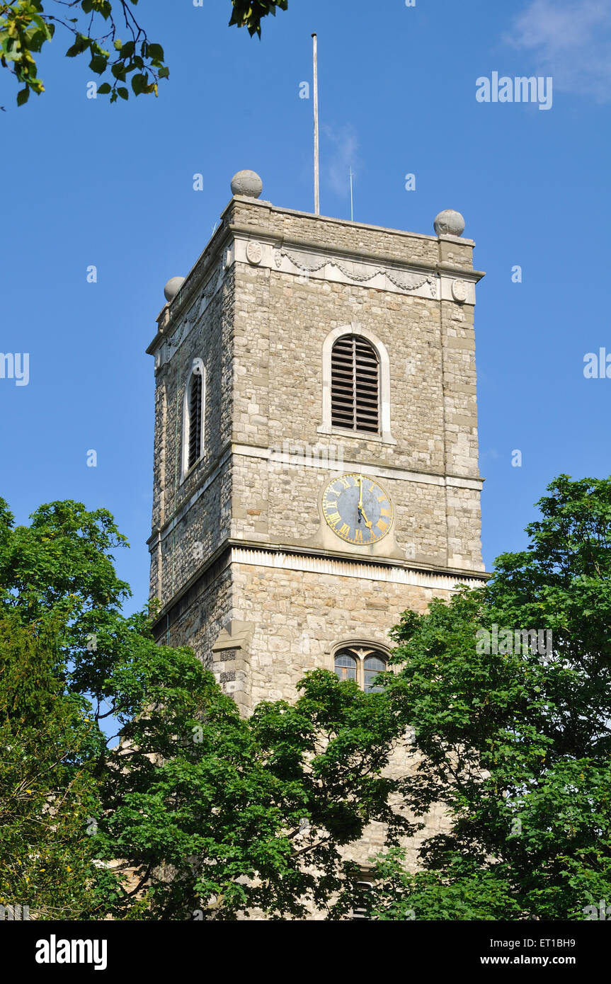 The 18th century tower of St Mary's church, Lewisham, South East London ...