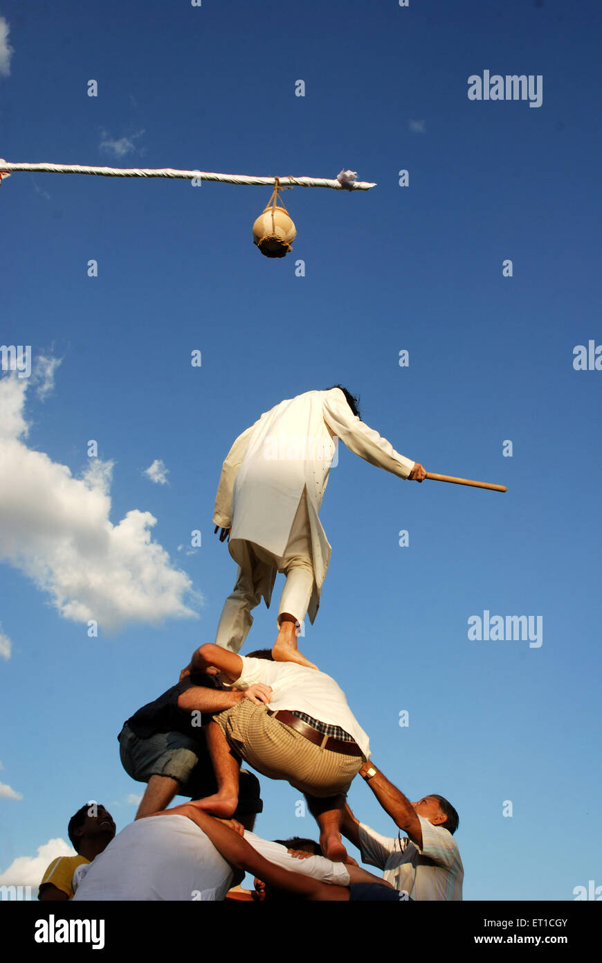 man standing on human pyramid trying to hit dahihandi in marwar ...