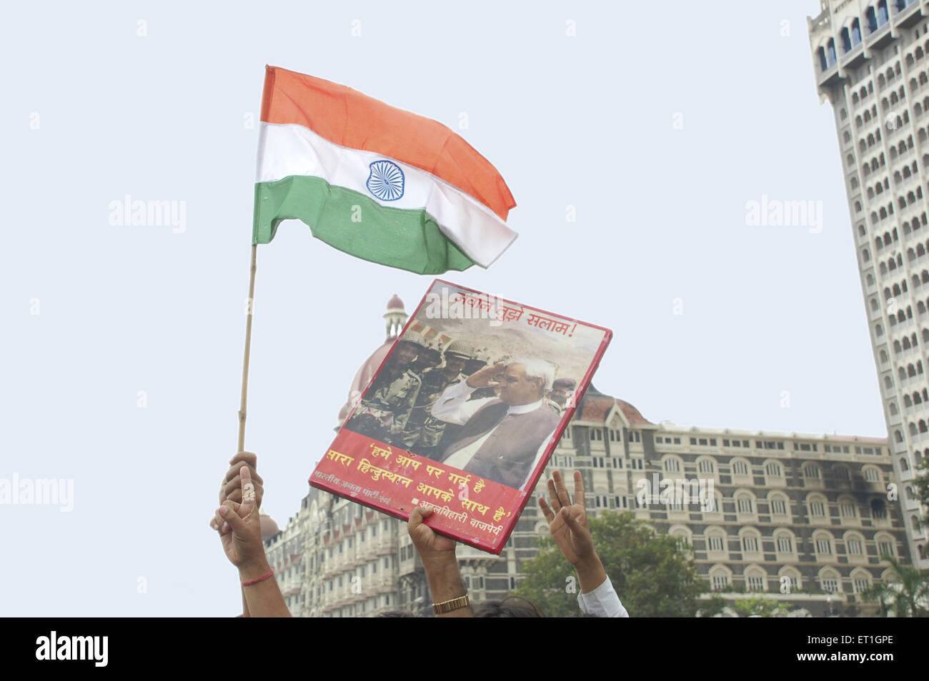 Protest banner Indian flag after terrorist attack, Gateway of India ...