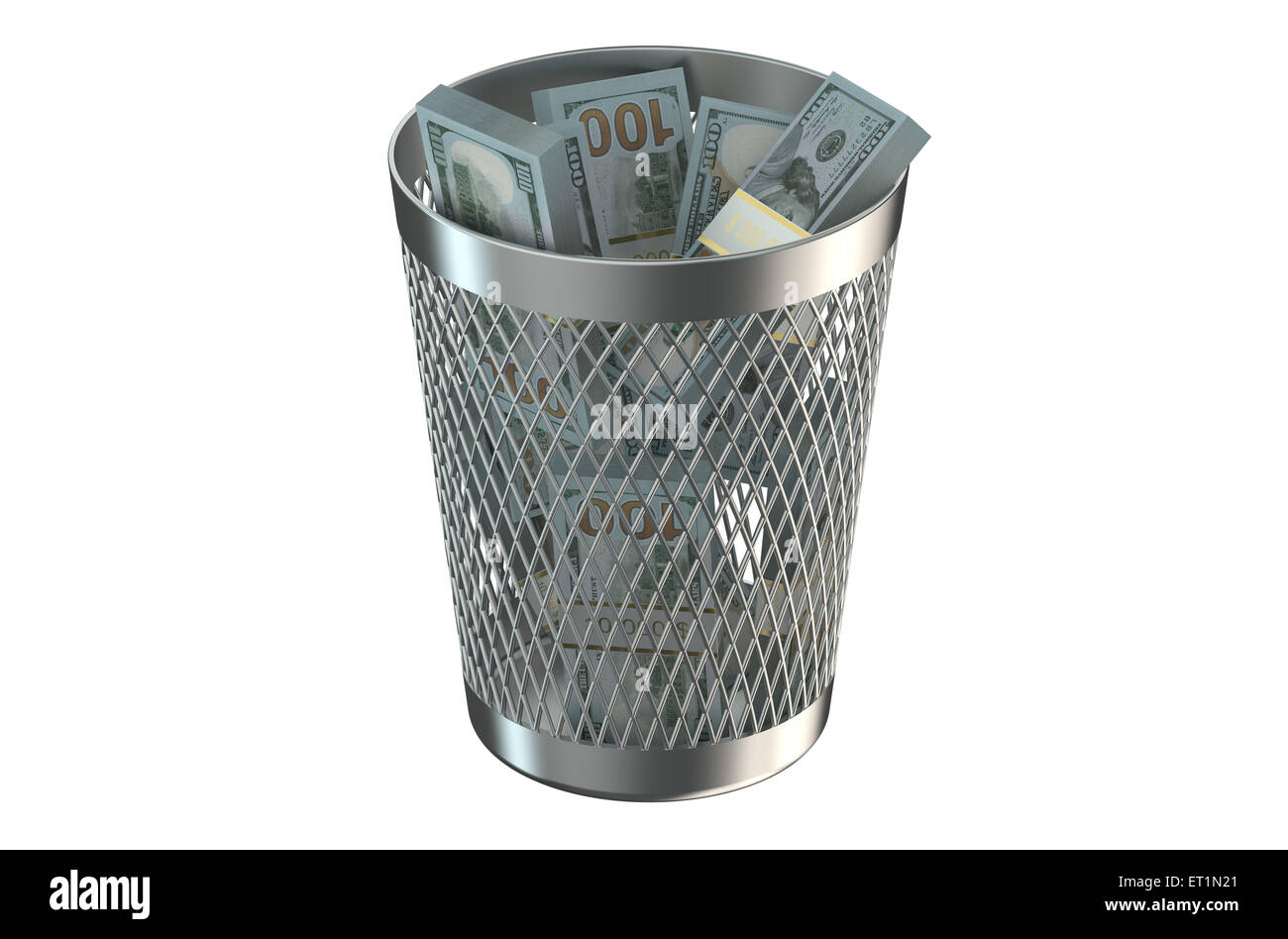 Trash bin with packs of dollars isolated on white background Stock ...