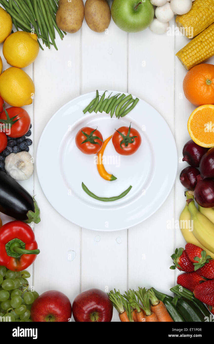 Healthy eating smiling face from vegetables and fruits on plate Stock ...