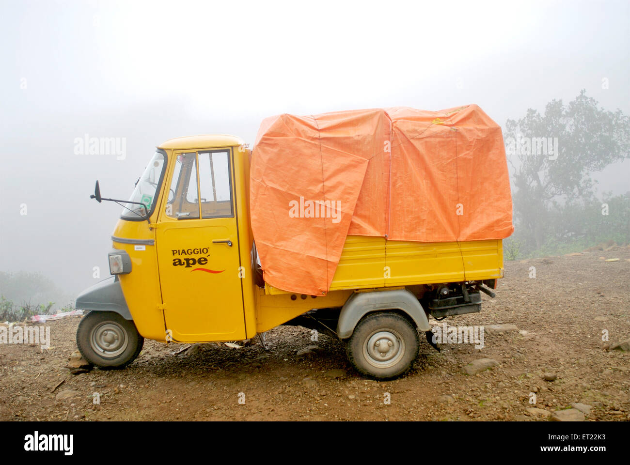 yellow color auto rickshaw covered with orange tarpaulin on foggy day ...