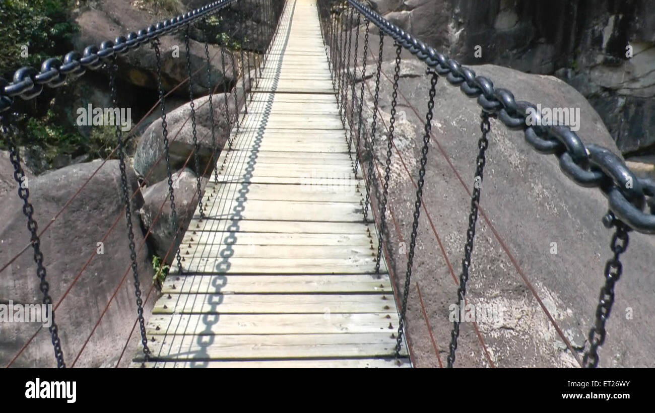 Suspension bridge in a valley above the river Stock Photo - Alamy