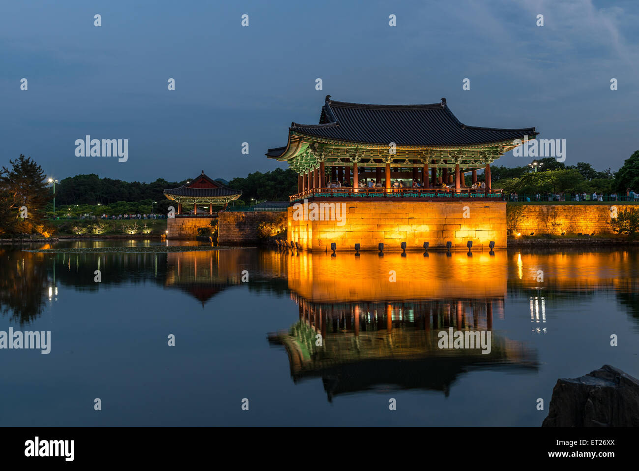 The pavilions of Anapji Pond lit up as evening comes on in Gyeongju ...