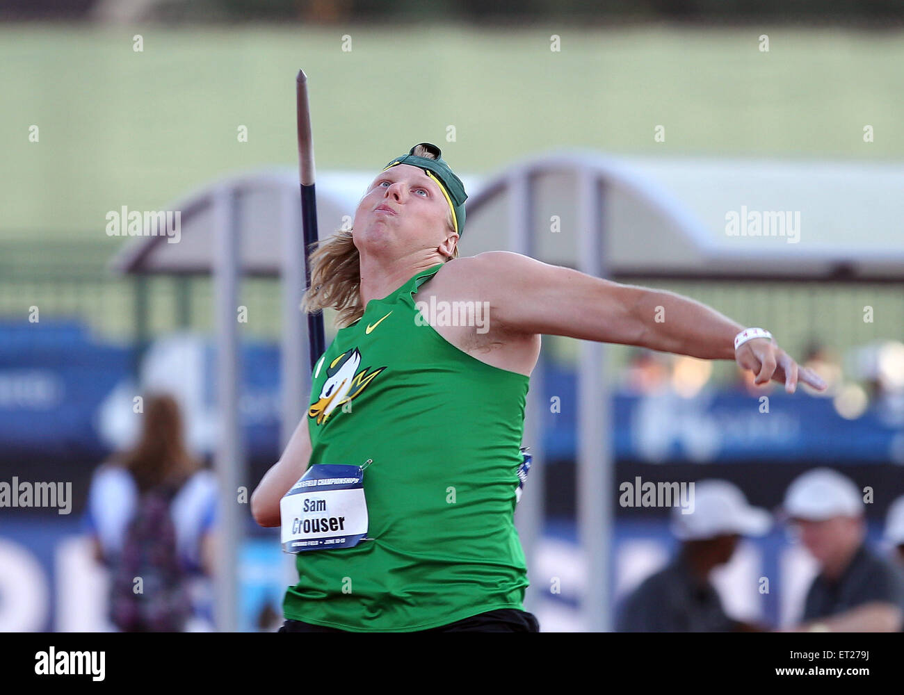 Eugene, Oregon, USA, 10th June, 2015. Sam Crouser wins the mens javelin ...