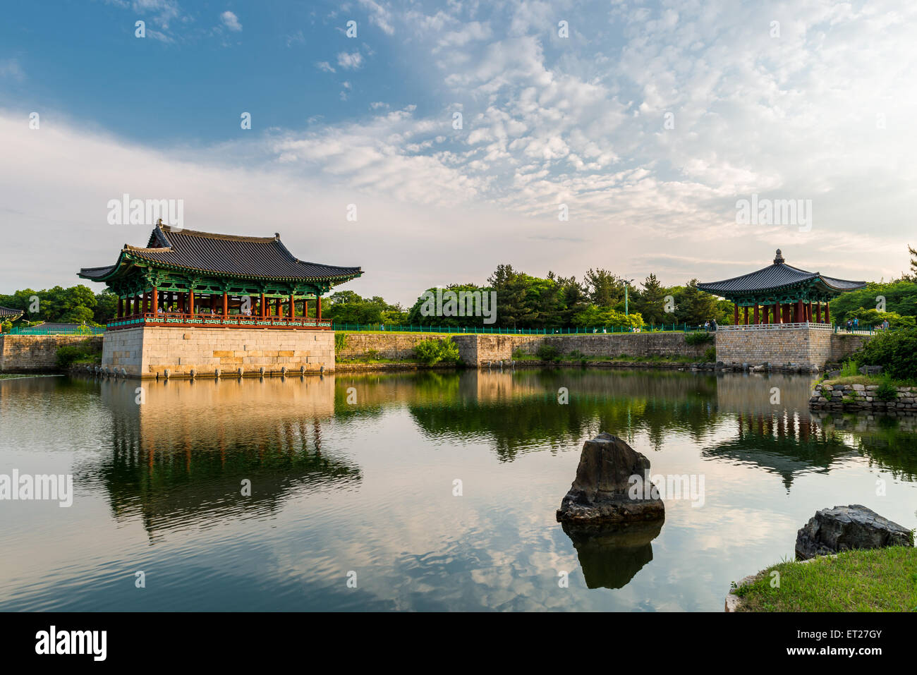 The pavilions of Anapji Pond reflected in the water in Gyeongju, South ...