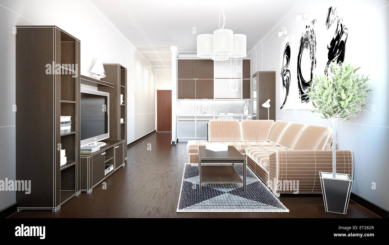 3D interior rendering of a small loft with textures Stock Photo - Alamy