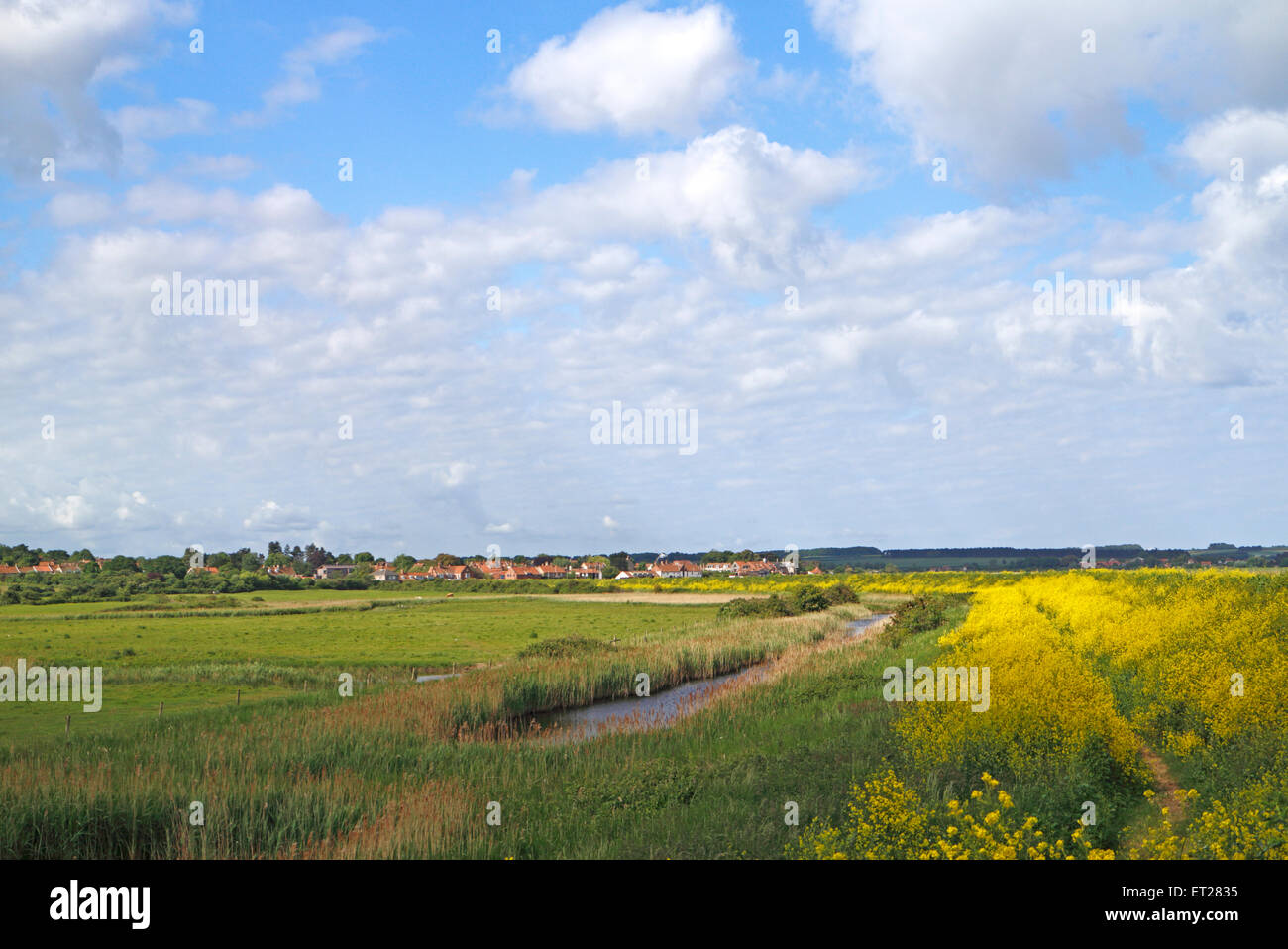 A view across salt marshes to the North Norfolk village of Burnham ...