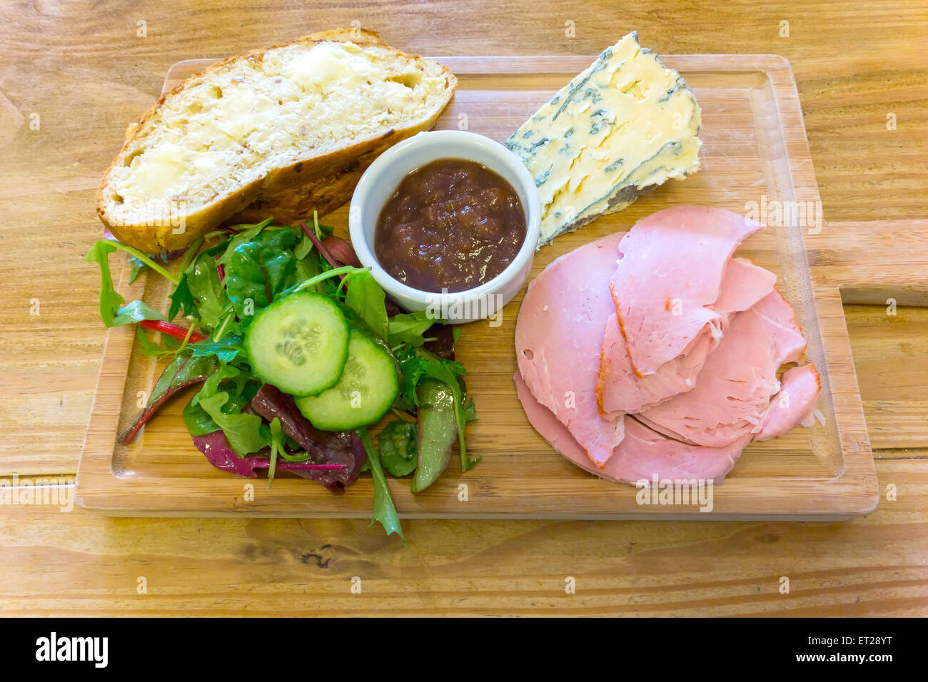 A tasty traditional Ploughman's Lunch of Ham Blue Cheese Cheese Salad ...