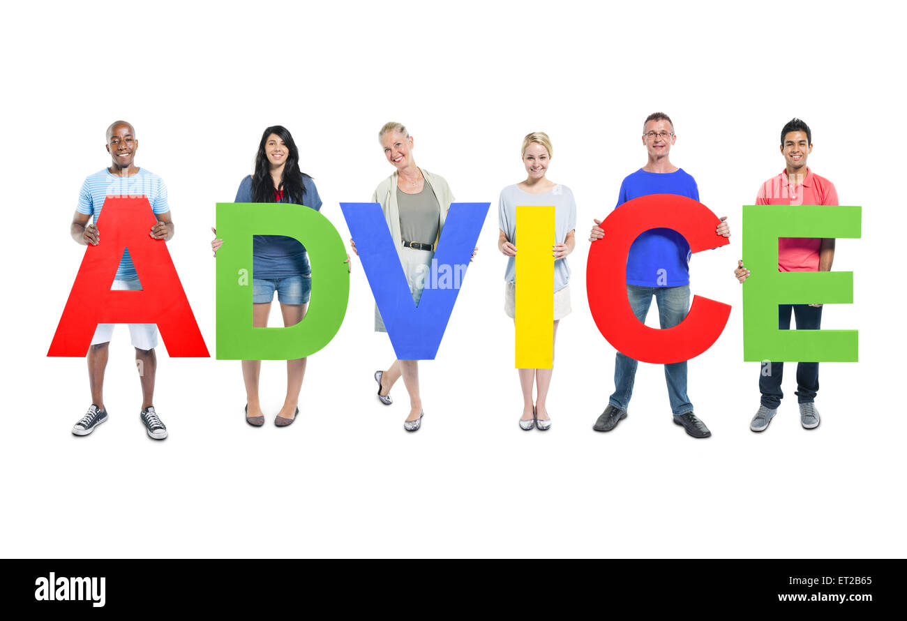 Multi-ethnic group of people holding letter "ADVICE Stock Photo - Alamy