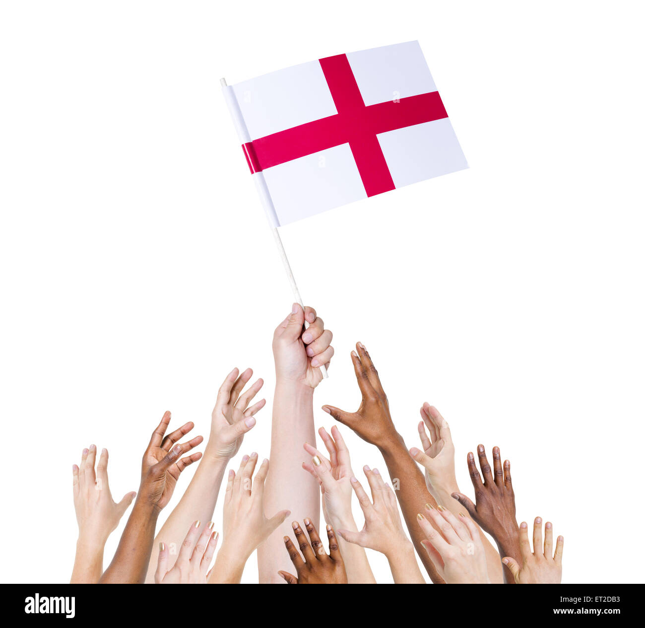 Human hand holding England Flag among group of multi-ethnic hands Stock ...