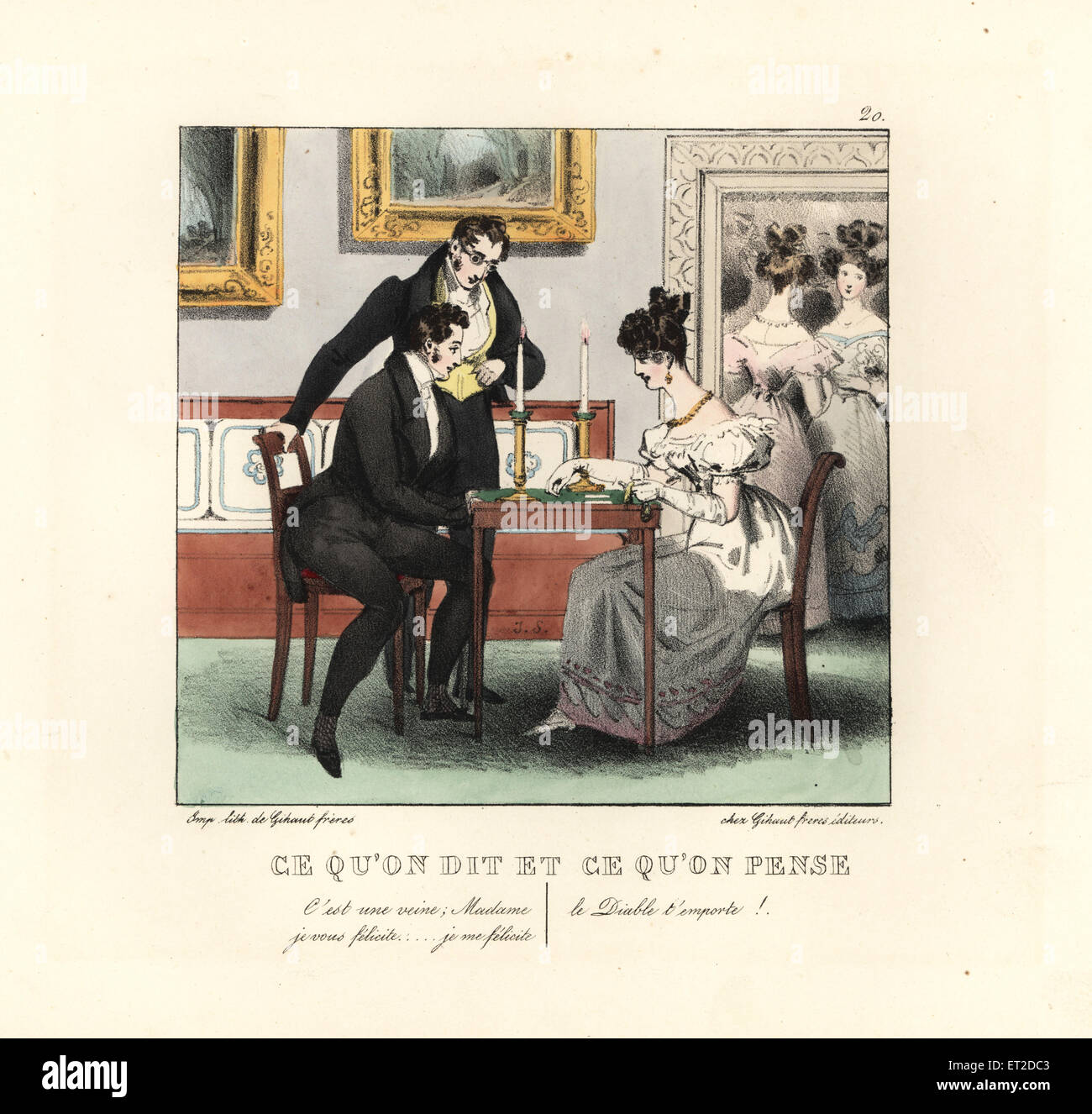 Gentlemen and lady playing cards in a parlour, while others dance in ...