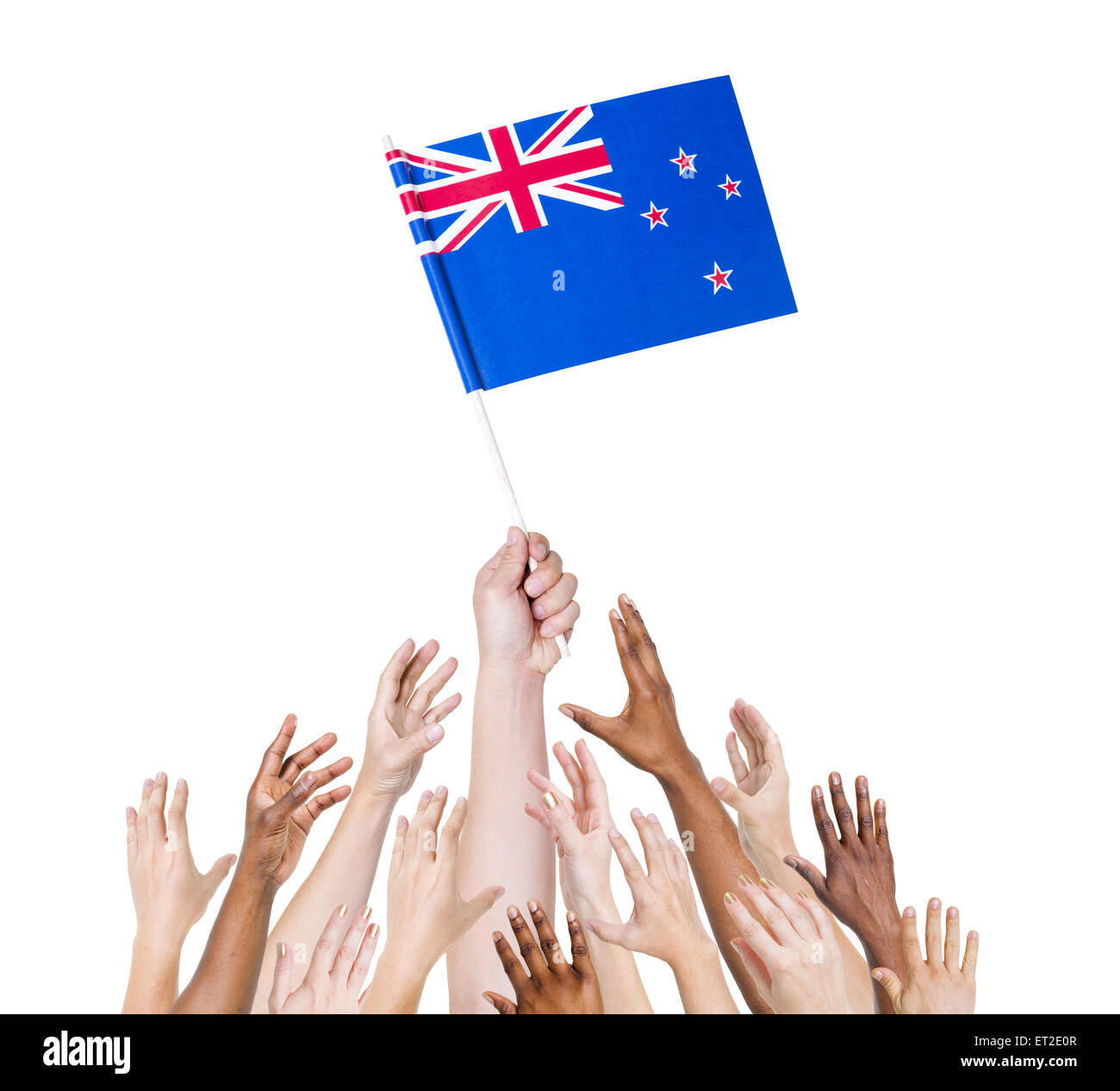 Human hand holding New Zealand Flag among group of multi-ethnic hands ...