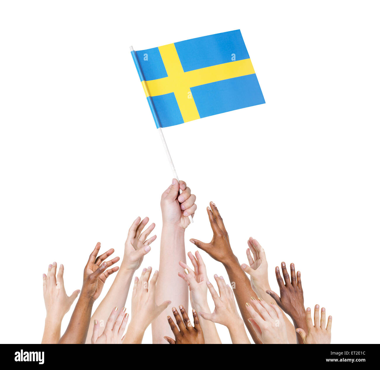 Human hand holding Sweden flag among multi-ethnic group of people's ...