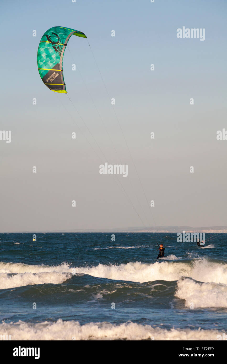 Kite surfer making the most of the windy weather at Sandbanks beach ...