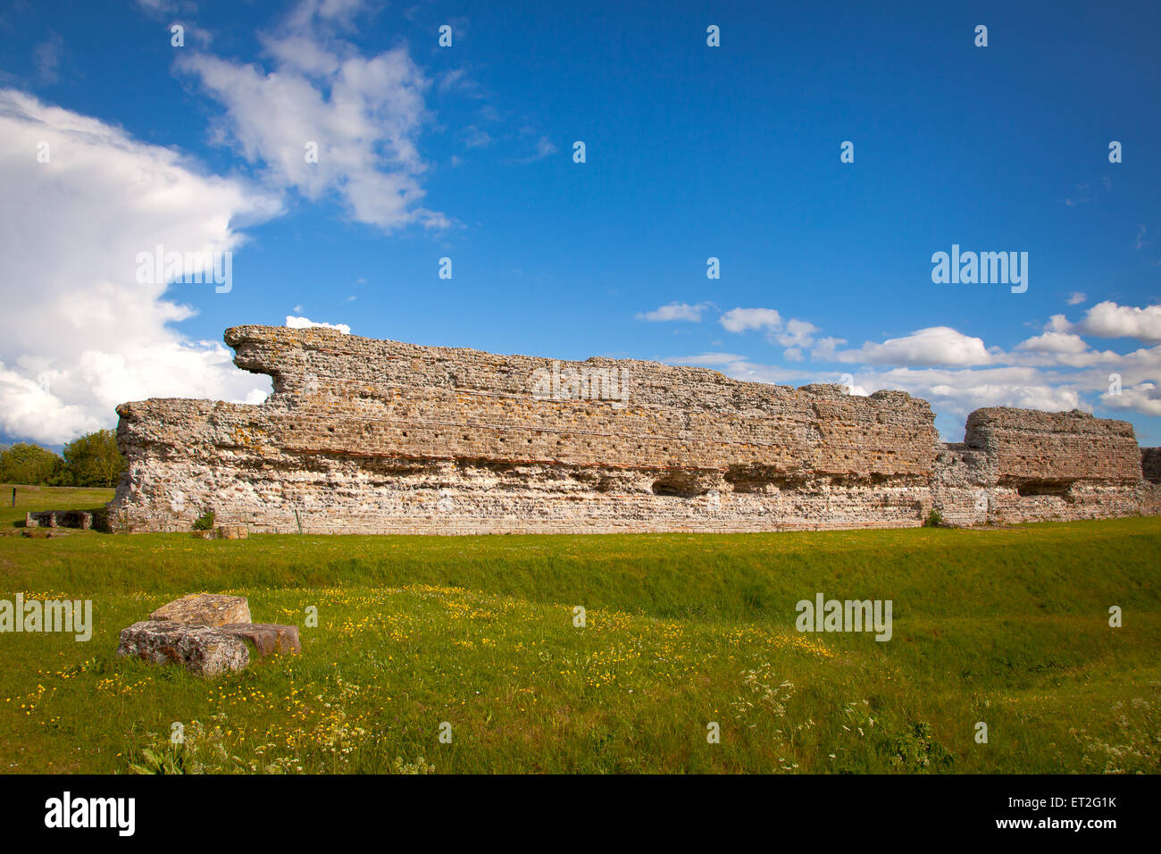 Stone wall at the Roman fortress of Richborough Castle near Sandwich in ...