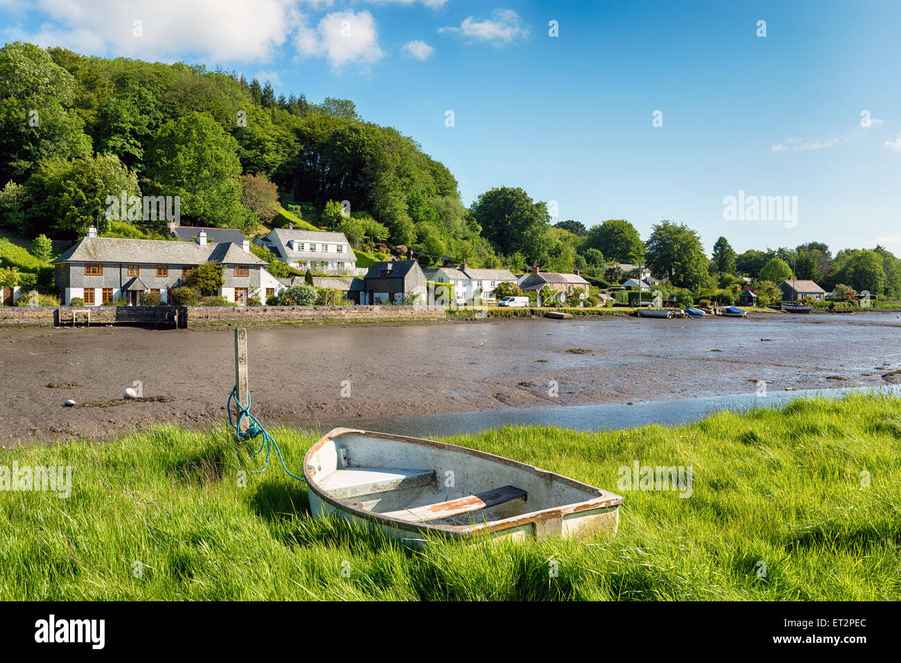 An old rowing boat moored to a grassy bank on the river Lerryn in ...