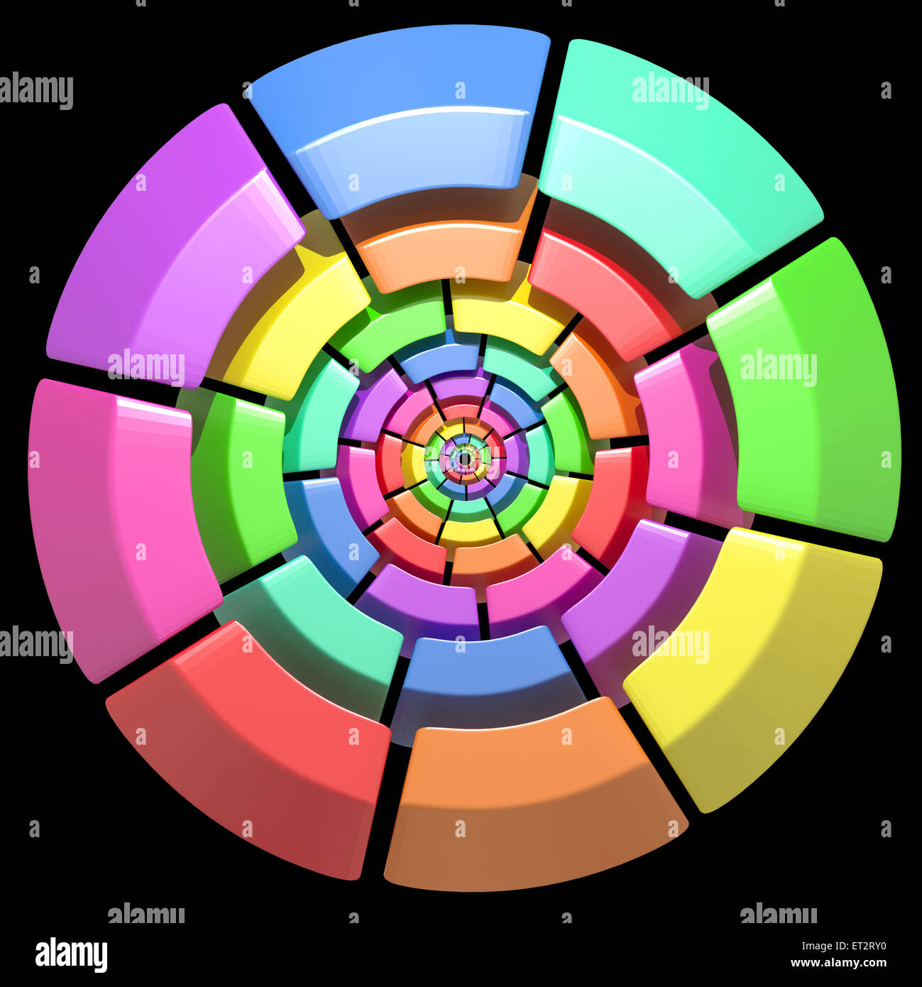 3d rendering of a divided and colored circles on a black background ...