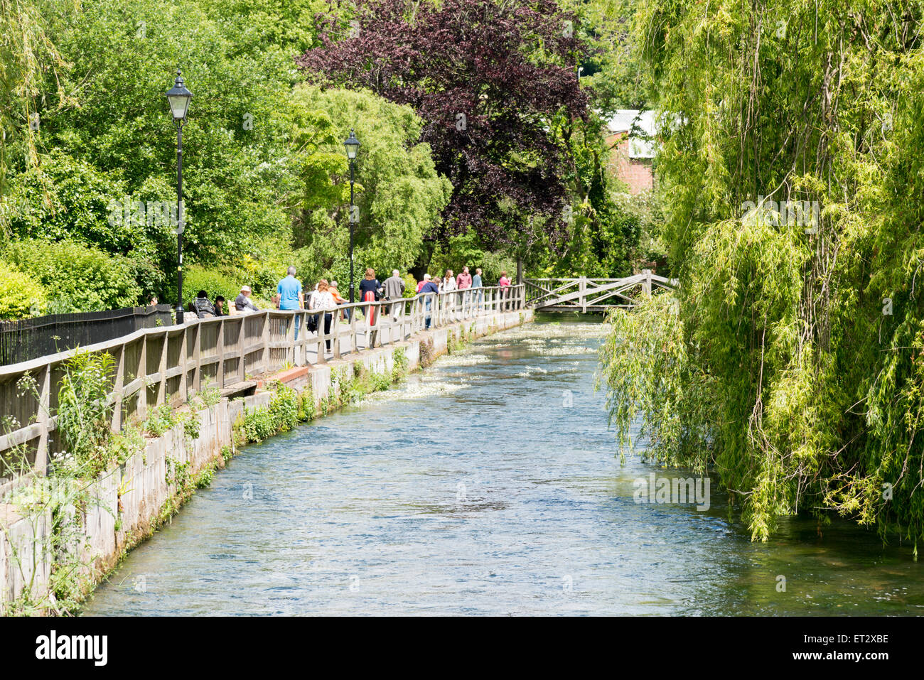 The River Itchen in Winchester in summer with people walking along the ...