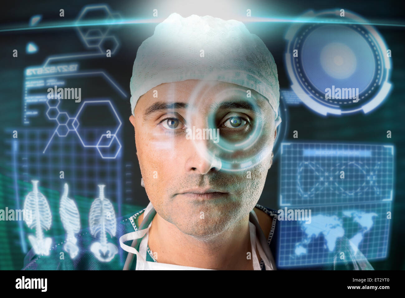 Doctor in uniform with digital screens and heads-up display Stock Photo ...