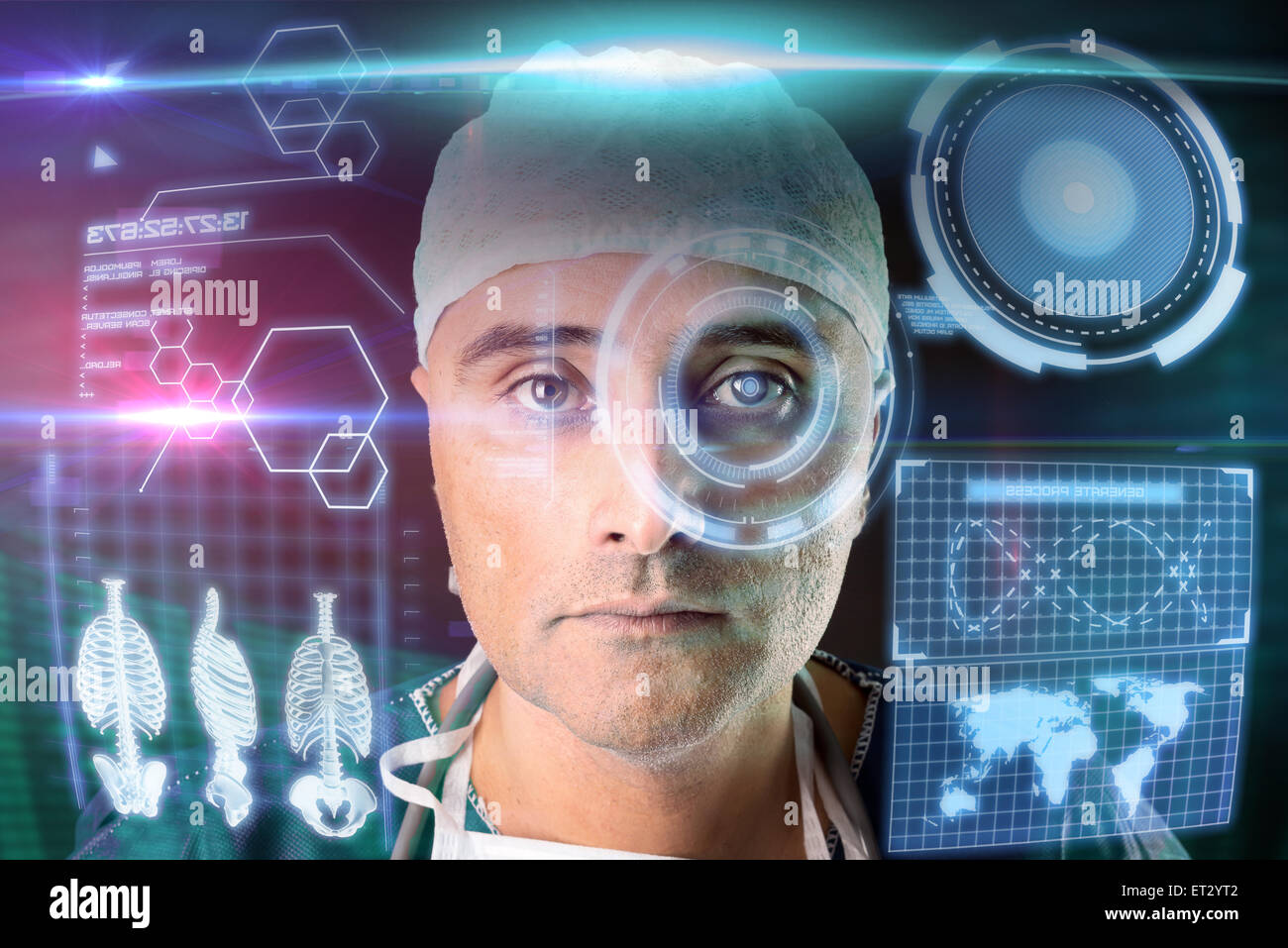 Doctor in uniform with digital screens and heads-up display Stock Photo ...