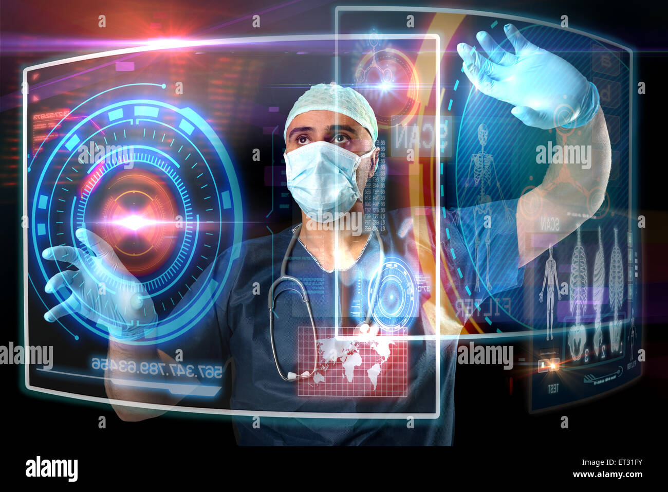 Doctor in uniform with digital screens working Stock Photo - Alamy