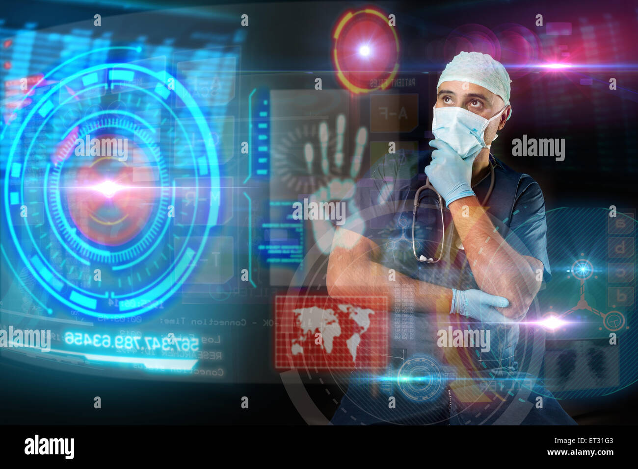 Doctor in uniform with digital screens working Stock Photo - Alamy