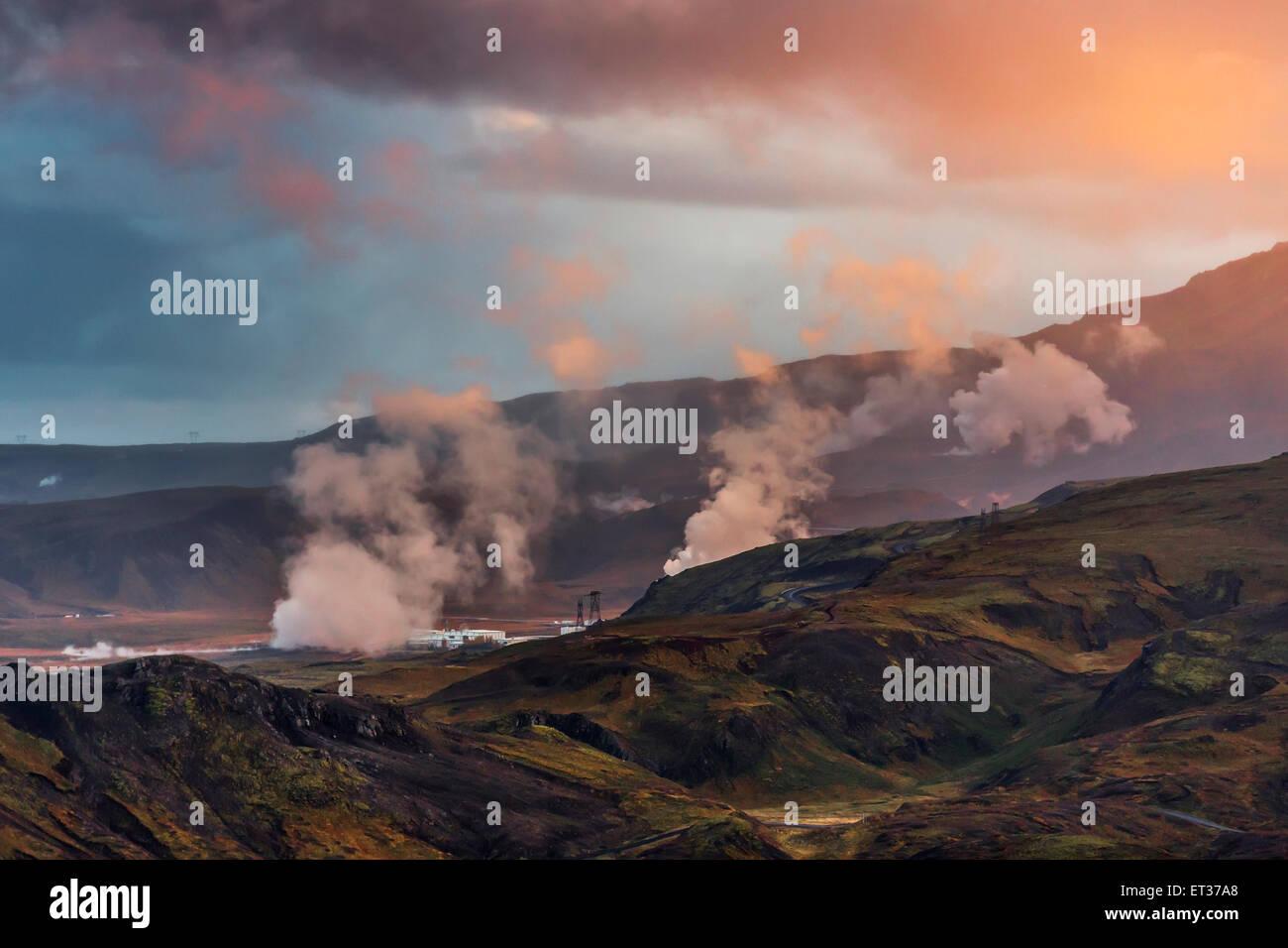 Steaming boreholes at Nesjavellir Geothermal Power Plant, Mt. Hengill ...