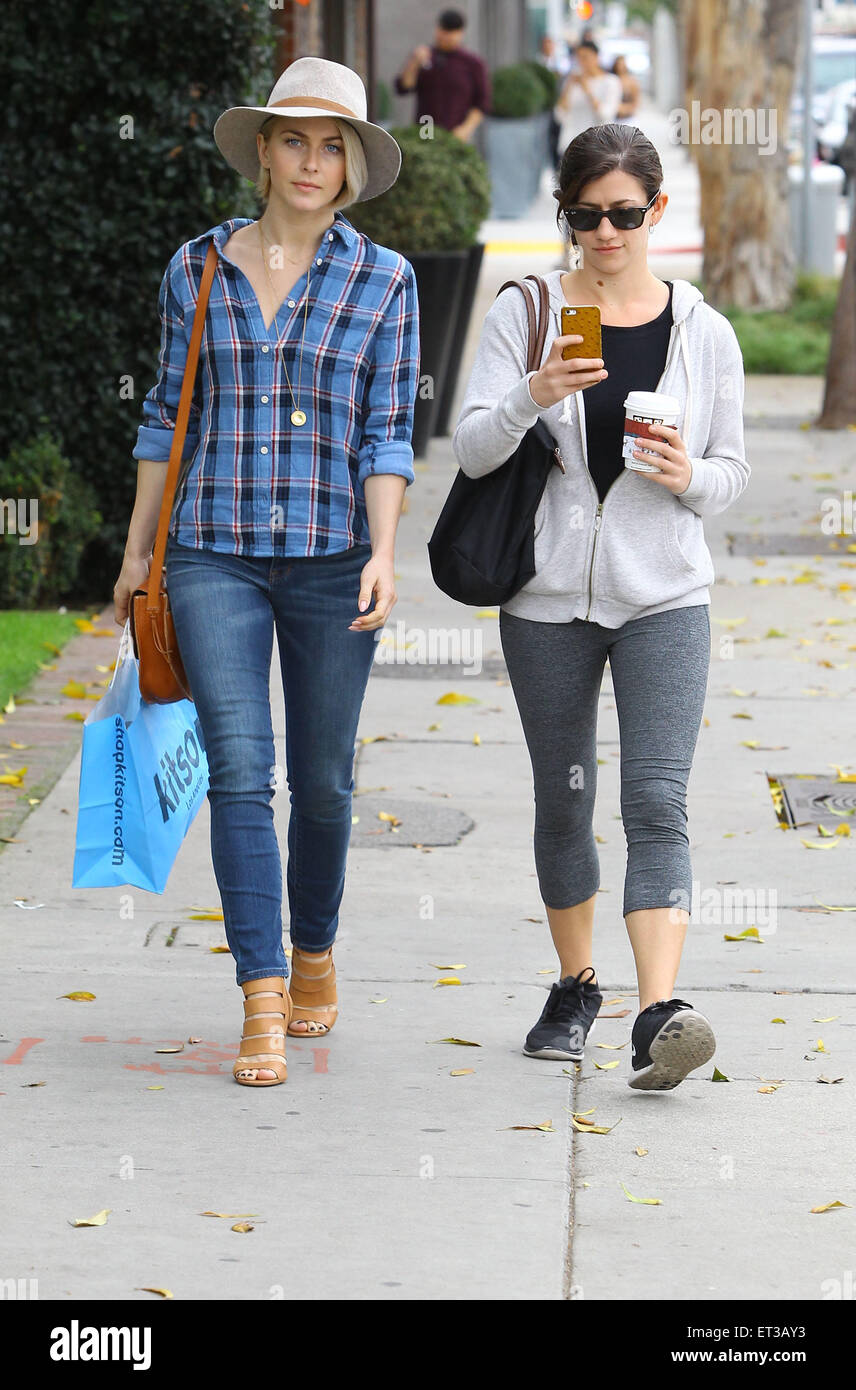 Julianne Hough in open necked blue checked shirt and jeans goes ...