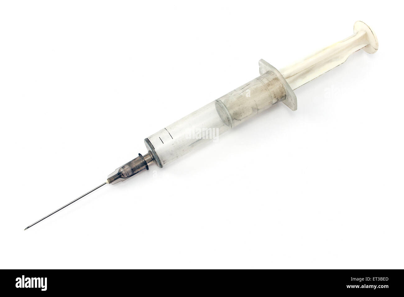 Dirty used glass syringe isolated on white Stock Photo - Alamy