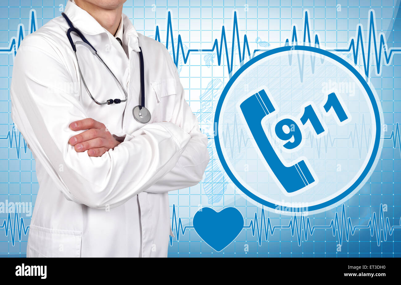 Young doctor with stethoscope, 911 symbol on background Stock Photo - Alamy