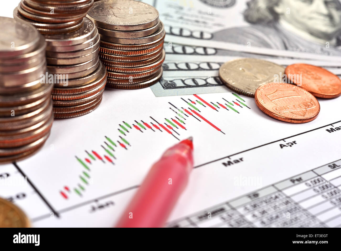 stock chart, pen and money, close up Stock Photo - Alamy