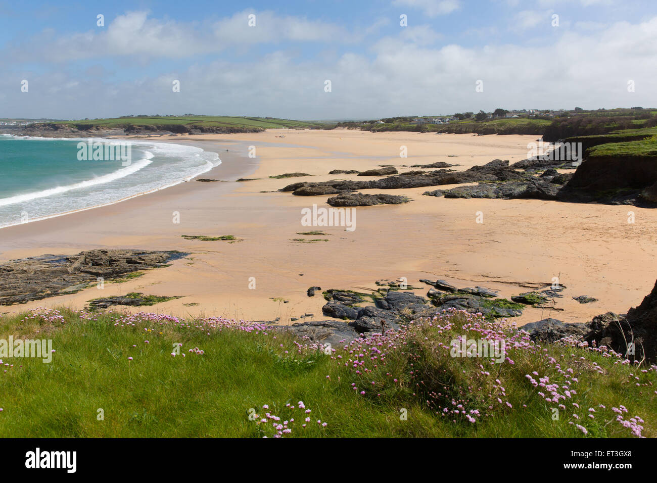 Rocky and sandy beach Harlyn Bay North Cornwall England UK near Padstow ...