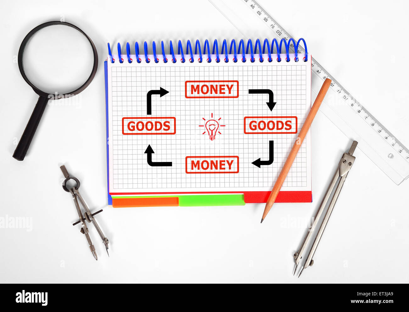 notepad with drawing goods and money concept on the desktop engineer ...