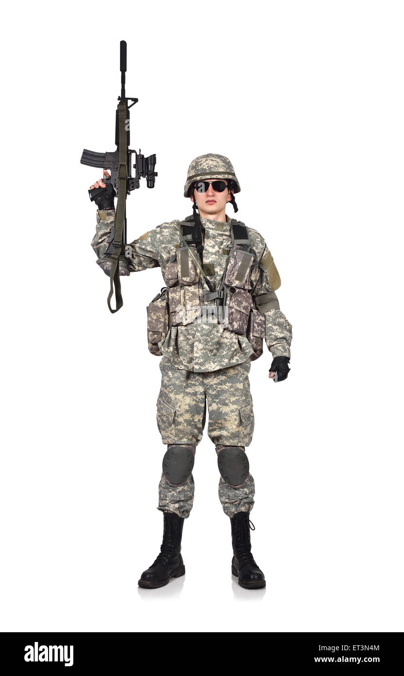 soldier raised his rifle up on a white background Stock Photo - Alamy