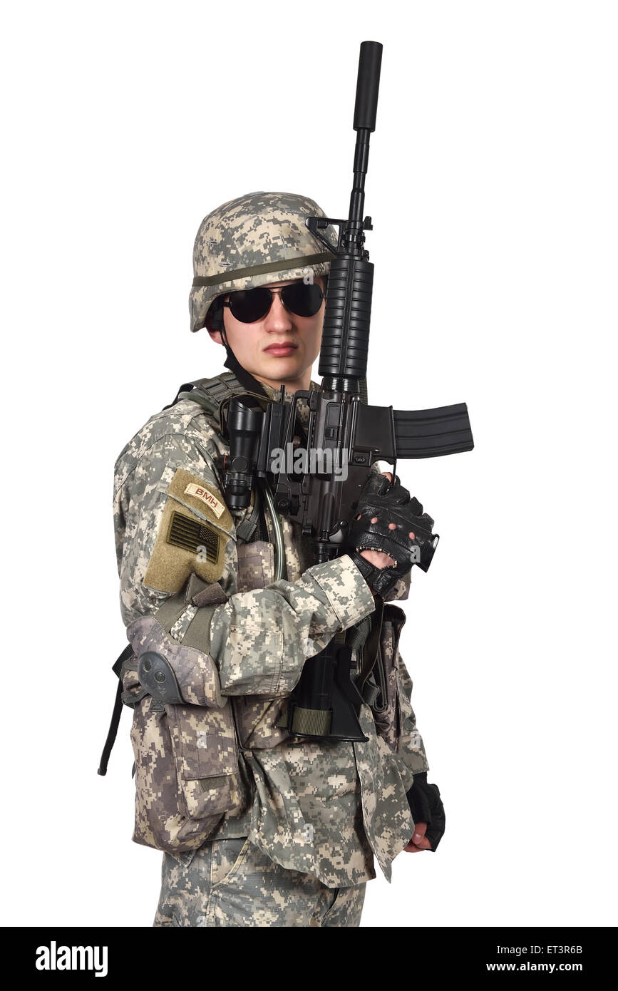 soldier raised his rifle up on a white background Stock Photo - Alamy