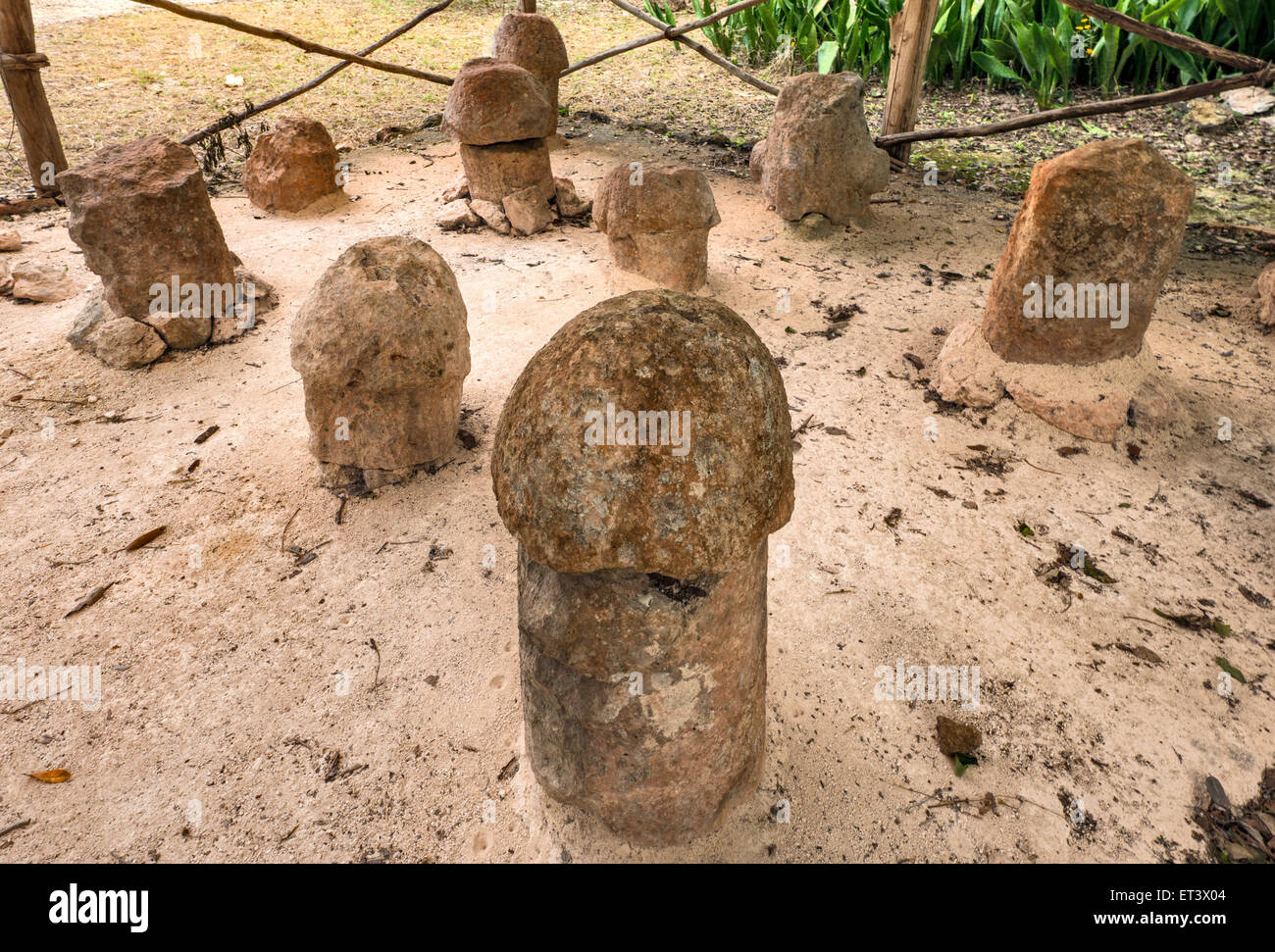 Stone Phalluses display, Maya ruins at Uxmal archaeological site ...