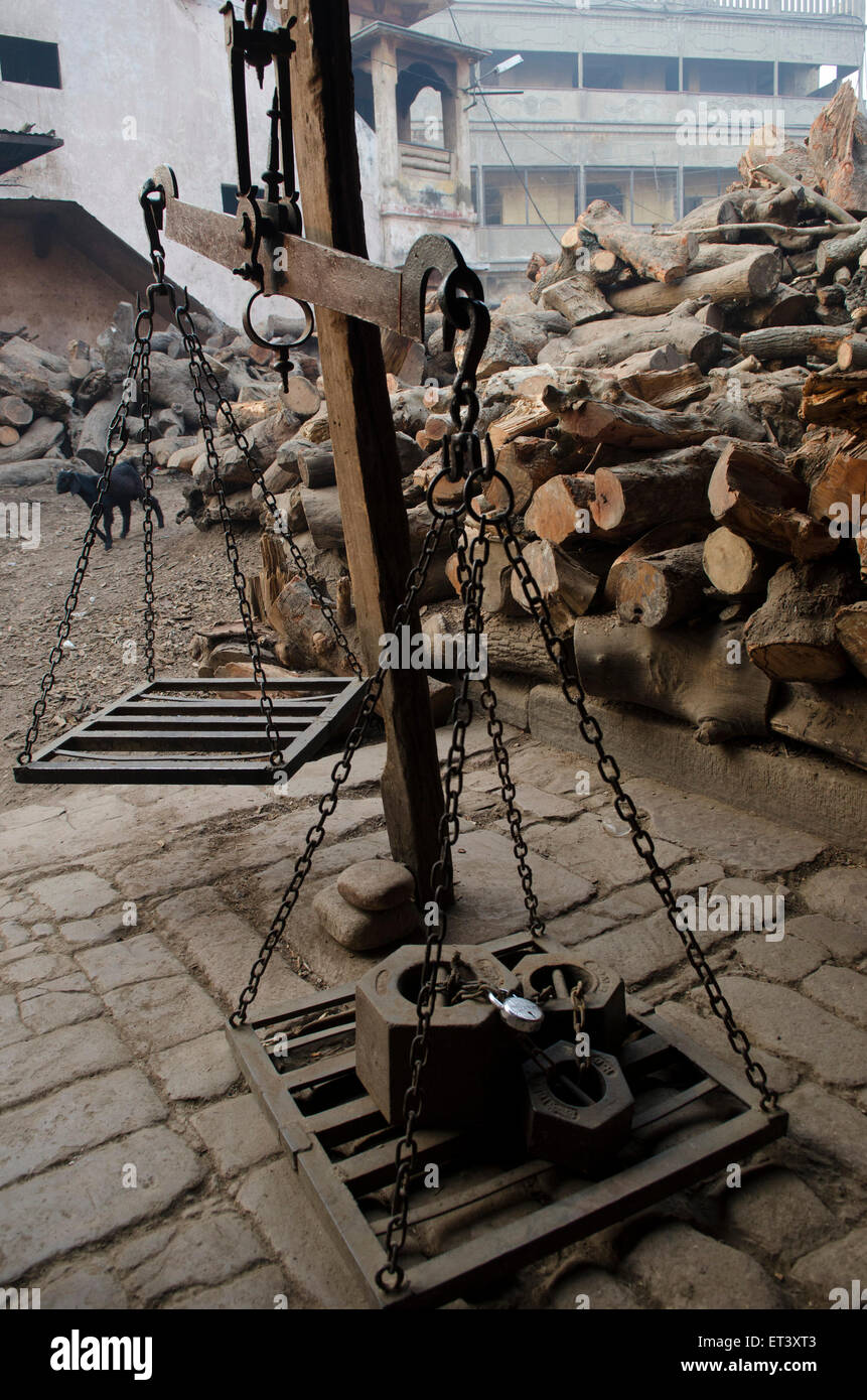 Weighing scales used for measuring wood for cremations on the ghats of ...