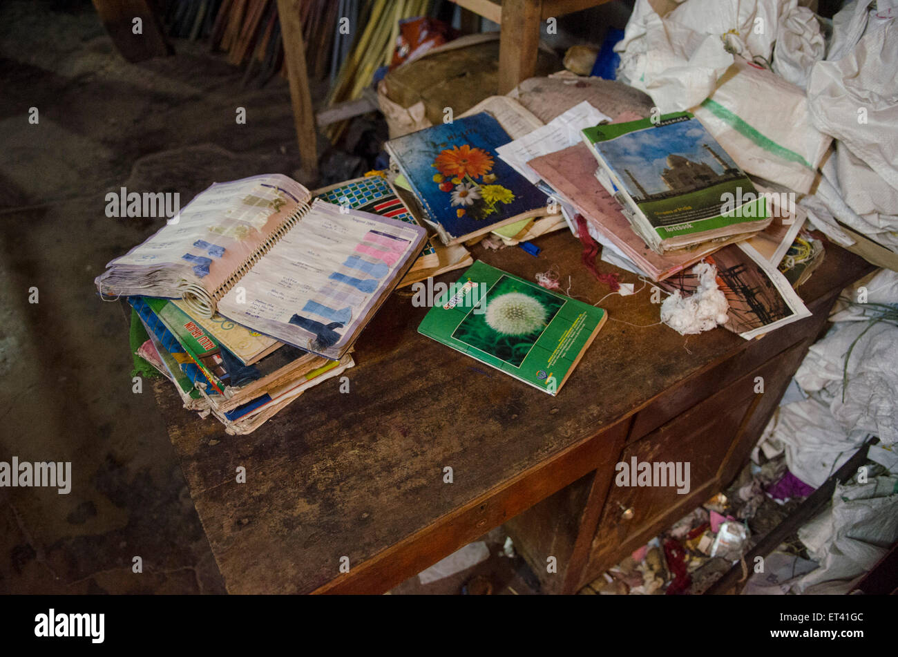 a desk with dying colors catalog open in side the dyeing room of a ...