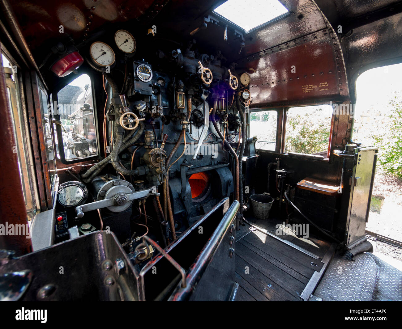 controls of a vintage steam locomotive at Loughborough station, on the ...