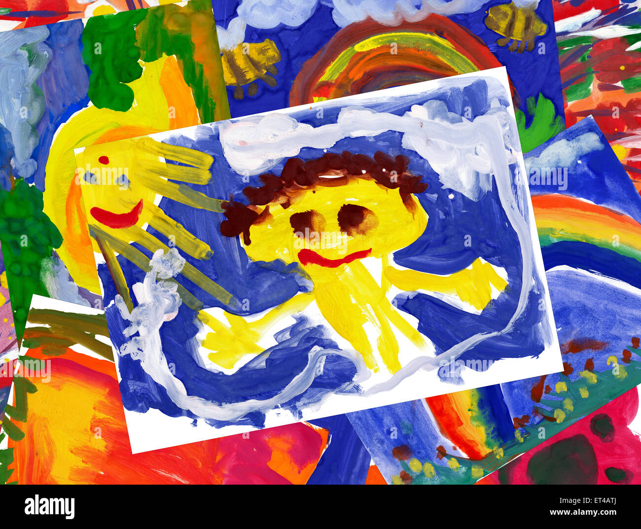 boy open arms with illustration collage Stock Photo - Alamy