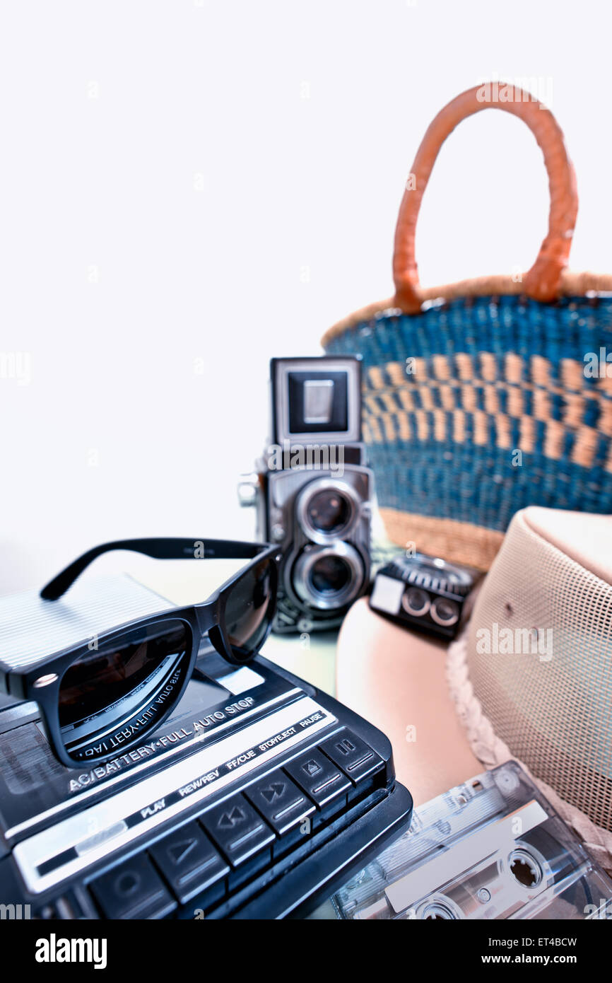 casette player with sunglasses and old twin-lens reflex camera Stock ...
