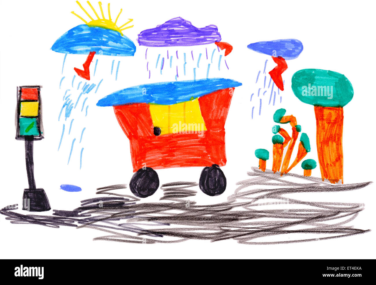 children's drawing. car and traffic light Stock Photo - Alamy