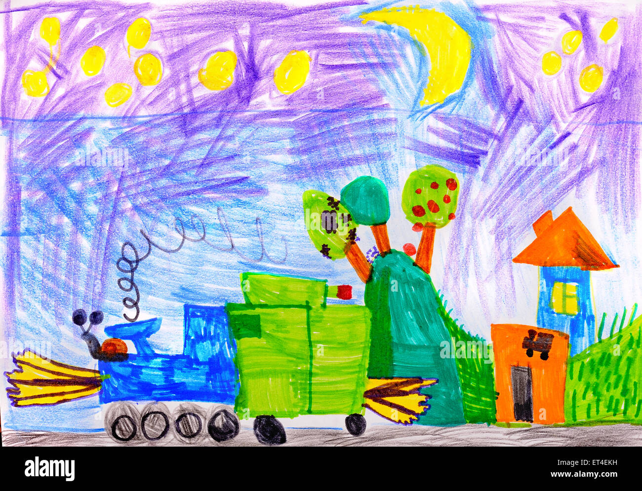 children's drawing. night and train Stock Photo - Alamy