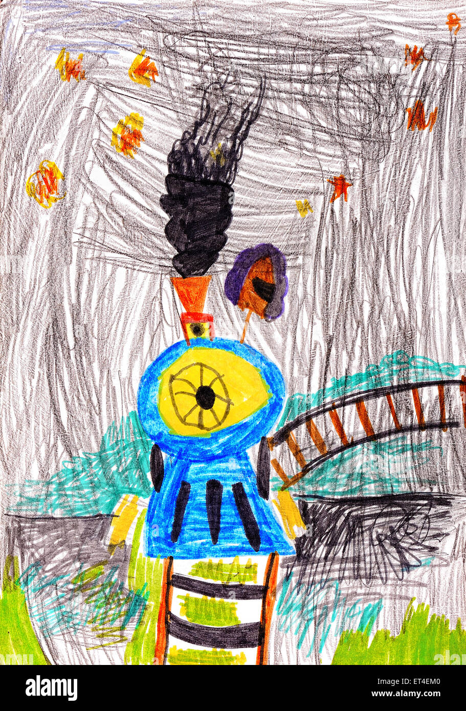 child's drawing on paper. train at night Stock Photo - Alamy