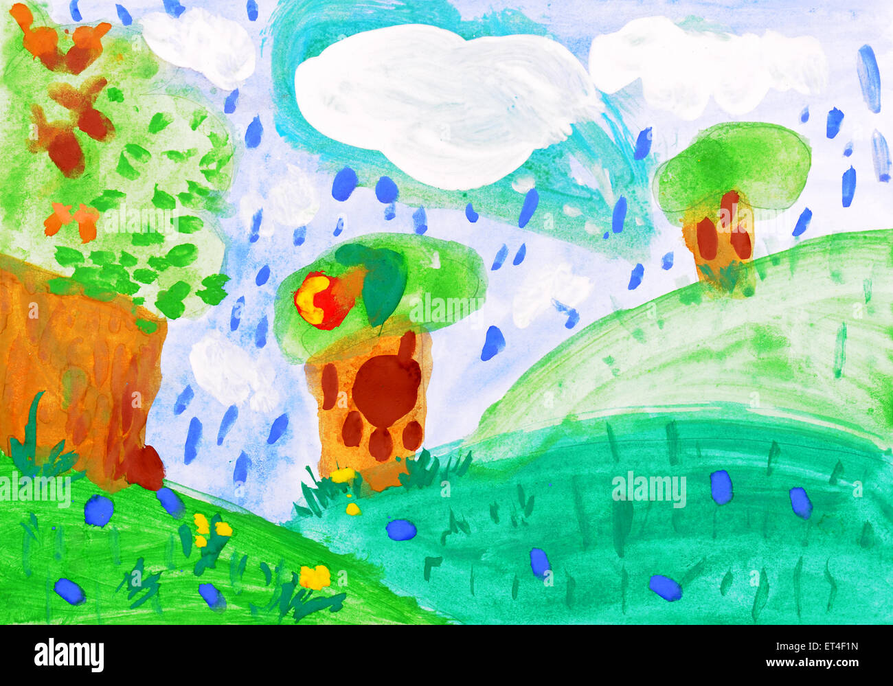 Child's drawing. Green hills, trees and rain Stock Photo - Alamy
