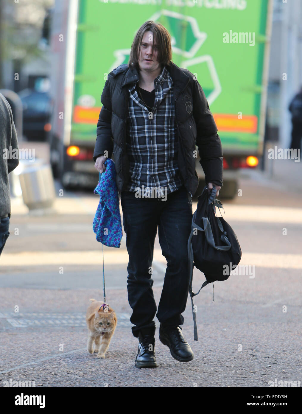 James Bowen and Bob the Cat outside the ITV Studios Featuring: James ...