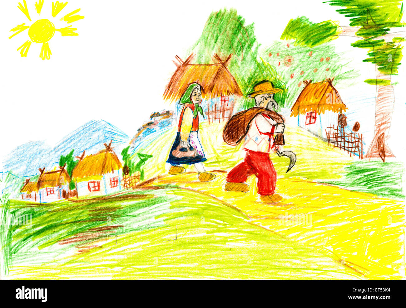people are going harvest crops. child's drawing Stock Photo - Alamy