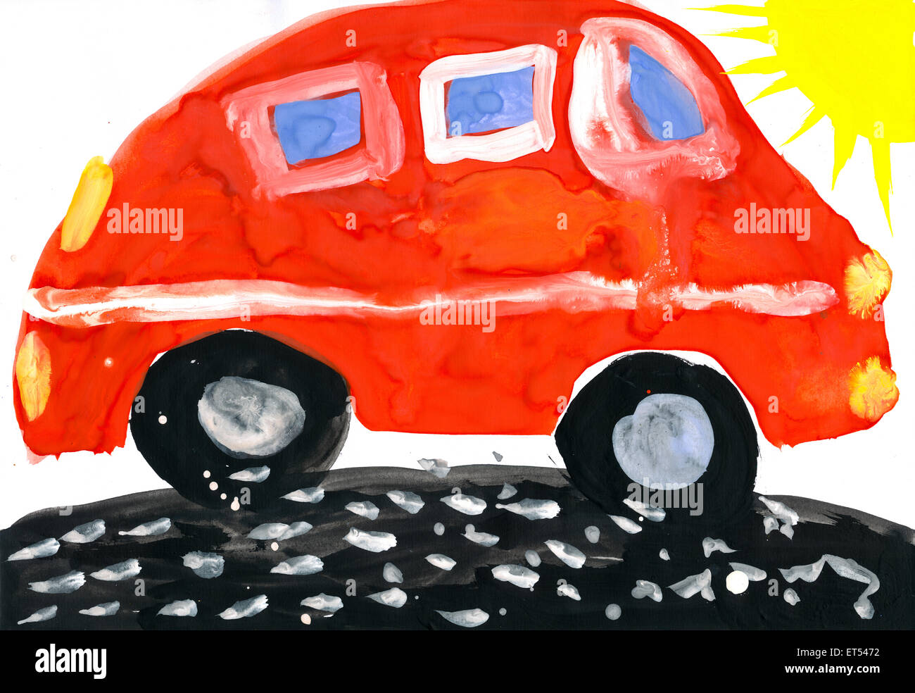 Red car and sun. Child's drawingr Stock Photo - Alamy